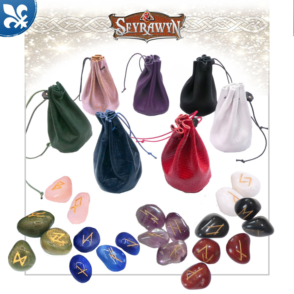 Viking runes in semi-precious stones in a leather purse – Seyrawyn